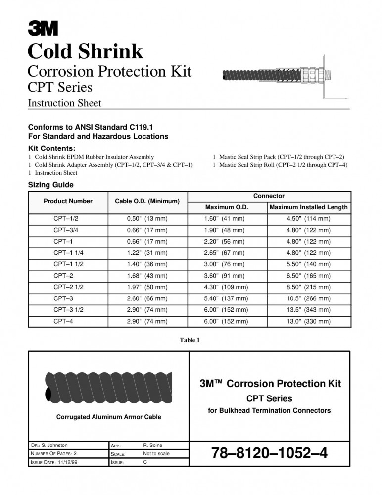 3M CPT Series cold shrink corrosion protection kit technical document page 1