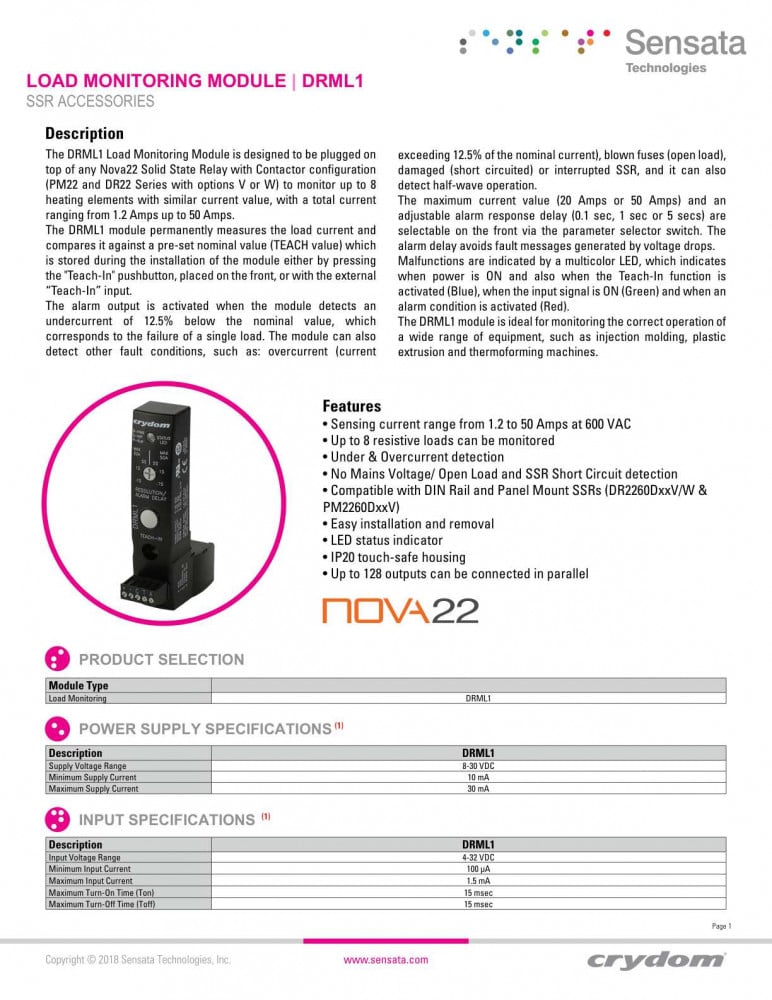 Sensata DRML1 datasheet page 1