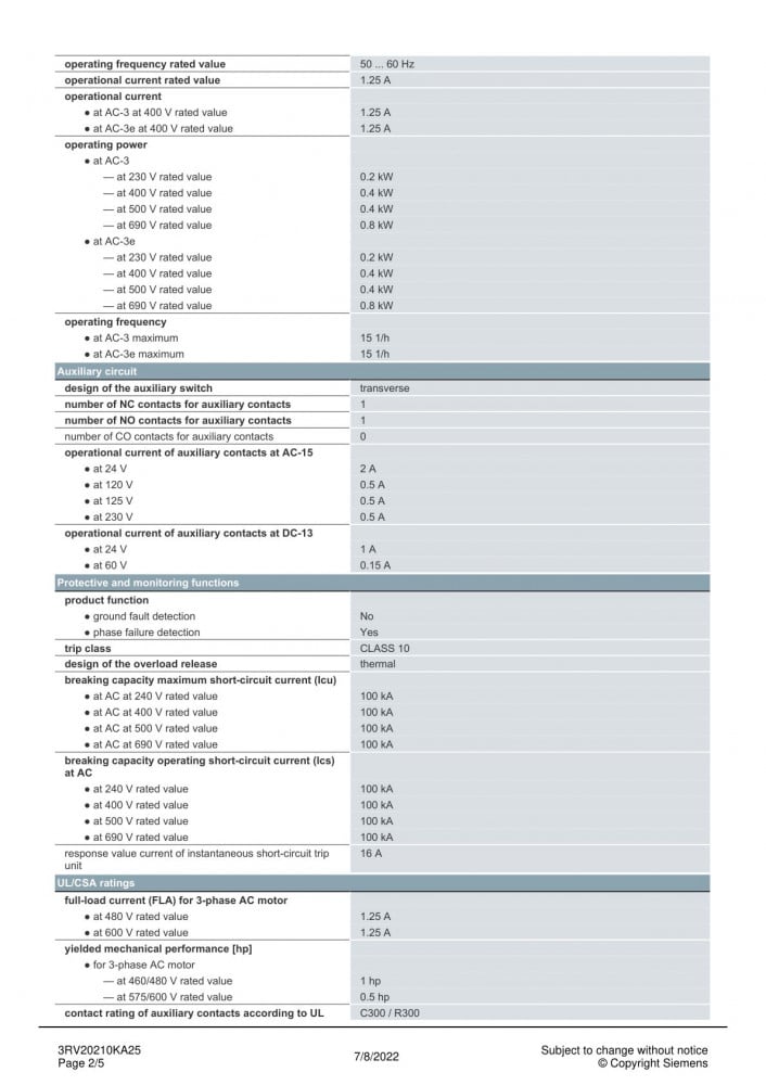 3RV20210KA25 technical document page 2