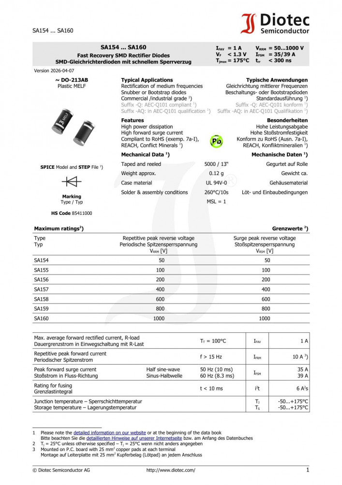 DIOTEC SA154 to SA160 datasheet page 1