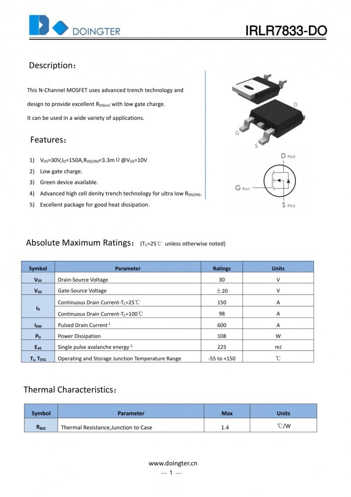IRLR7833-DO datasheet page 1