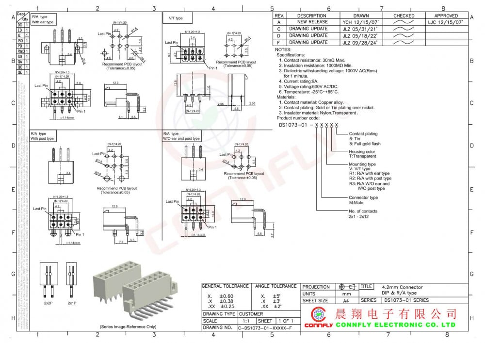 CONNFLY Elec DS1073-01-2x5MR3T6 technical drawing page