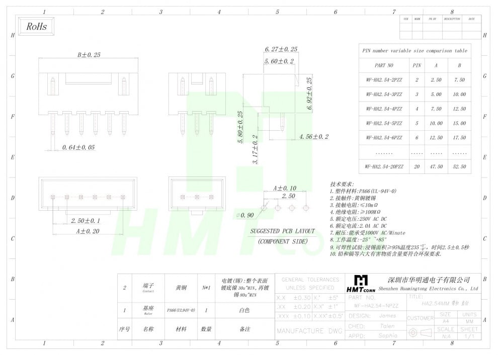 WF-HA2.54-5PZZ HMTCONN technical drawing preview