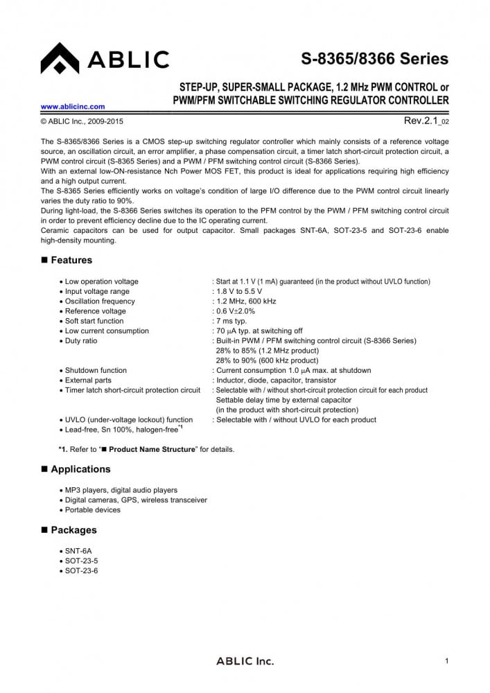 S-8365/8366 datasheet page 1