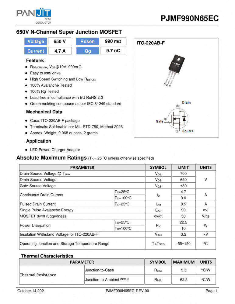 PJMF990N65EC datasheet page 1