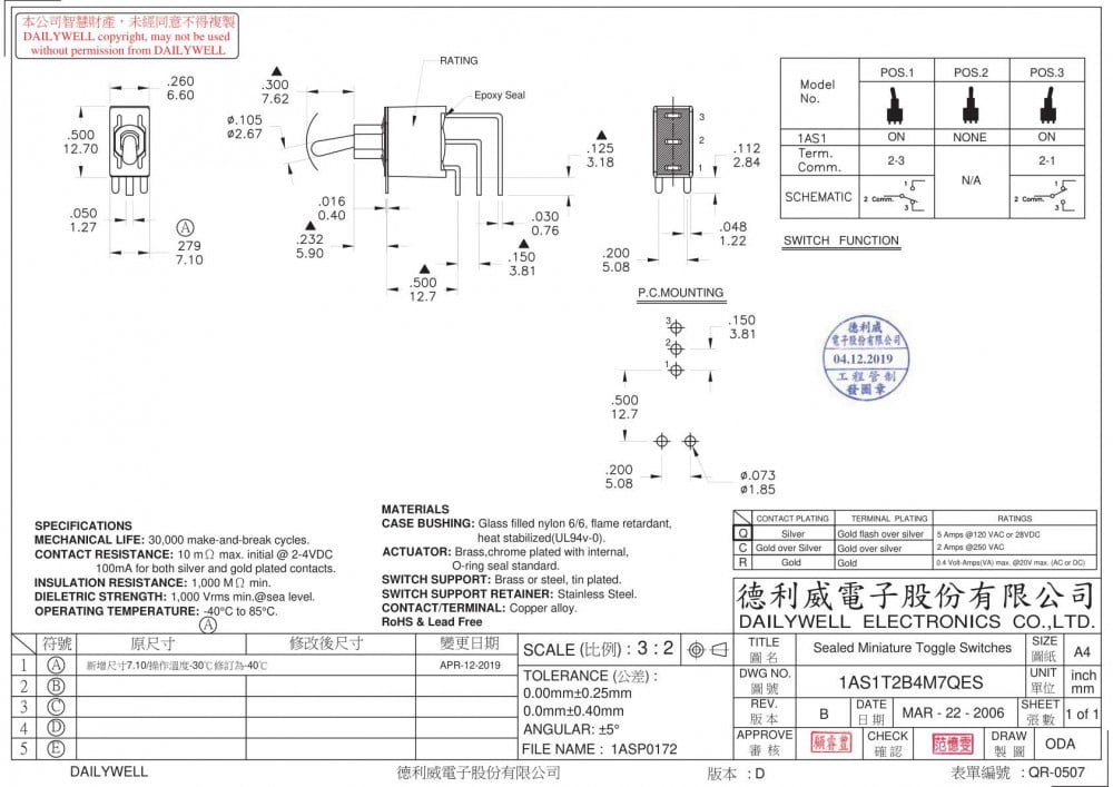 Dailywell 1AS1T2B4M7QES technical drawing and specifications