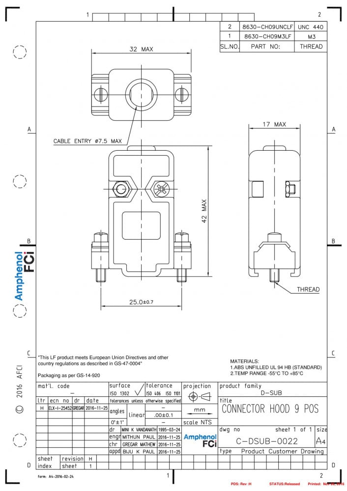 Amphenol 8630-CH09UNCLF product drawing preview