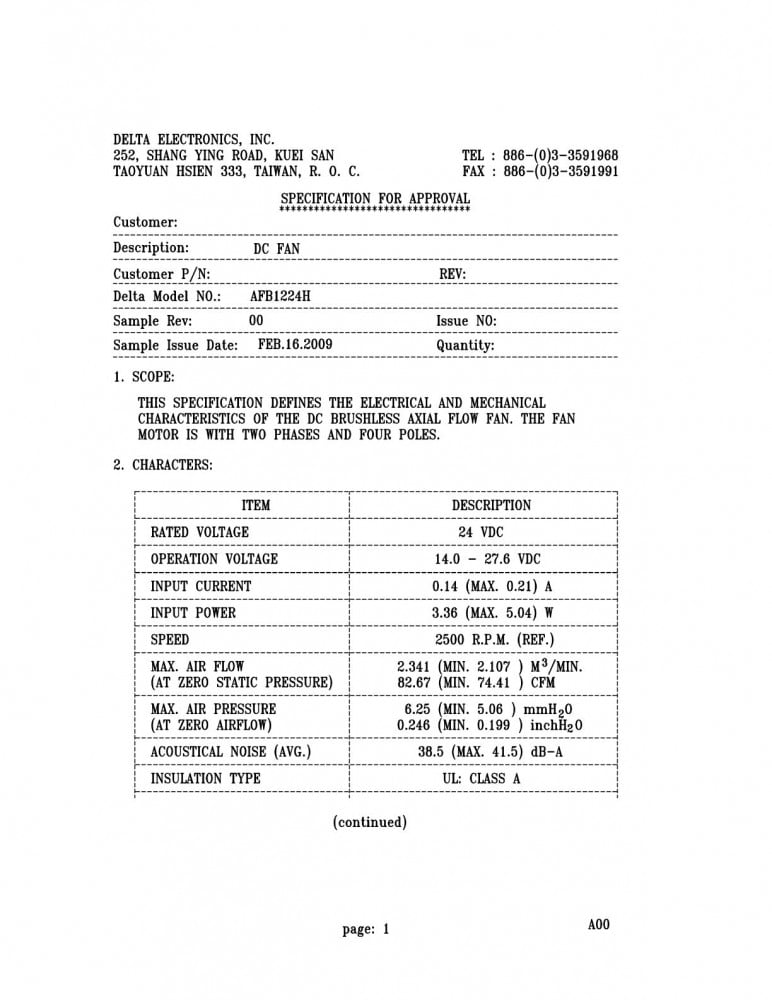 AFB1224H specification page 1