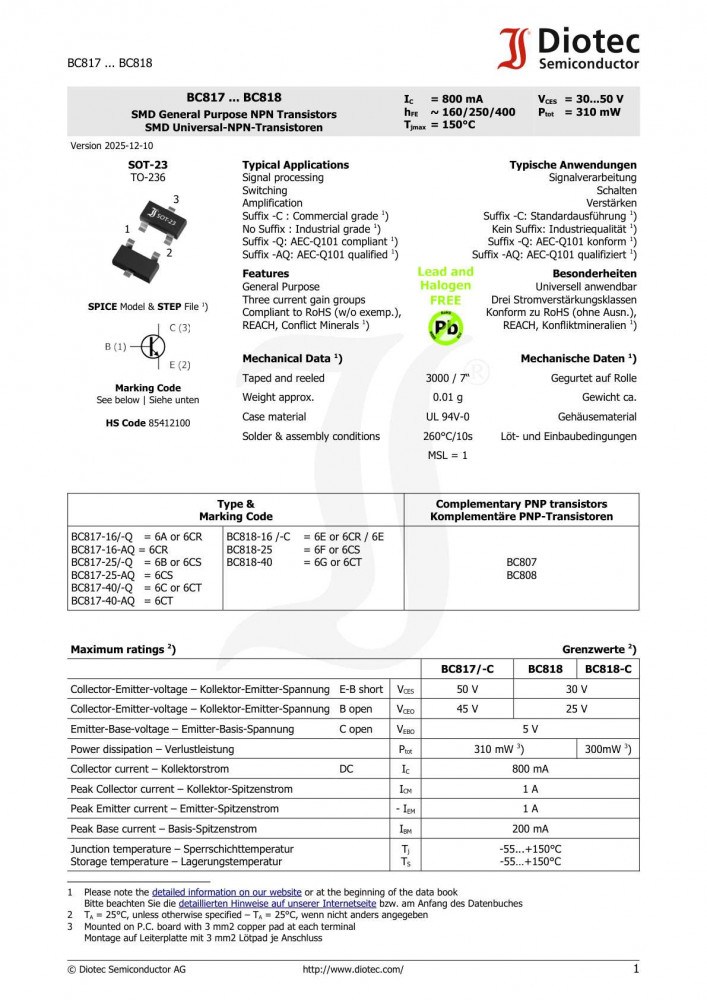 DIOTEC BC817 and BC818 datasheet preview, page 1