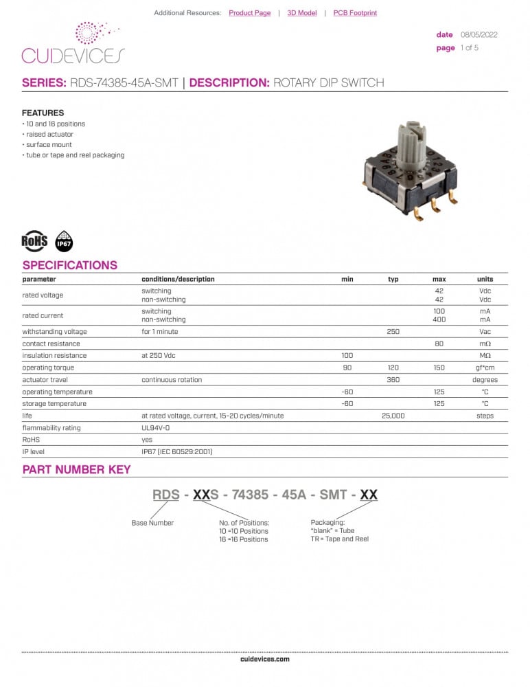 CUI RDS-16S-74385-45A-SMT-TR datasheet page 1