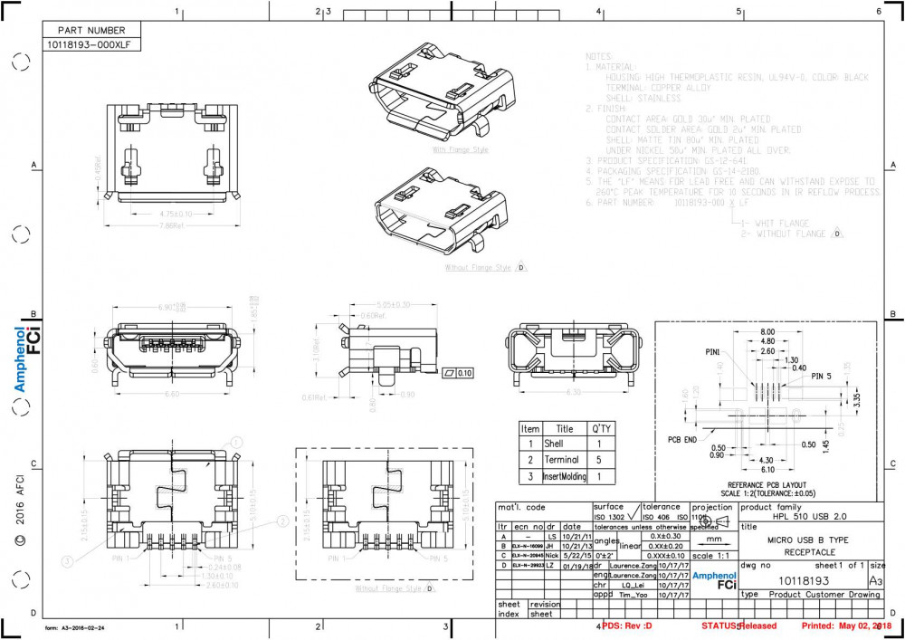 Technical document preview for Amphenol 10118193-0001LF