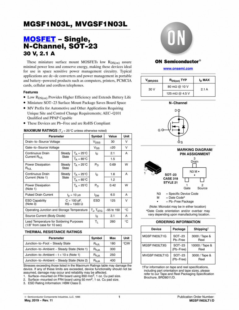 MGSF1N03LT1G datasheet page 1
