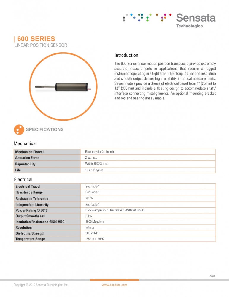 Sensata 600 Series linear position sensor datasheet page 1