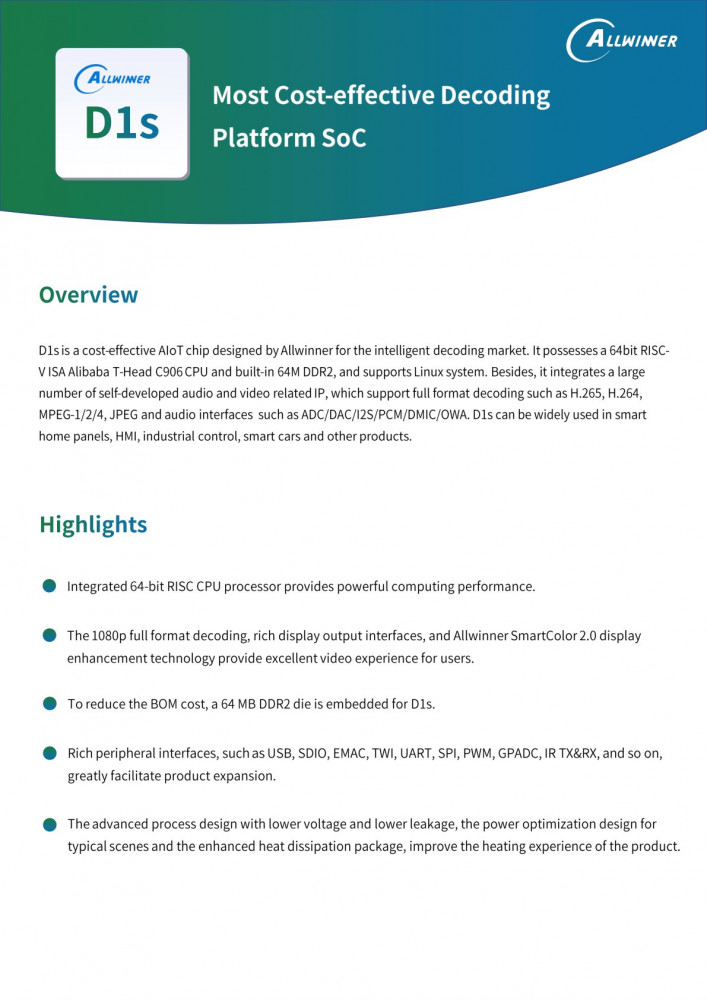 Allwinner D1s technical document page 1