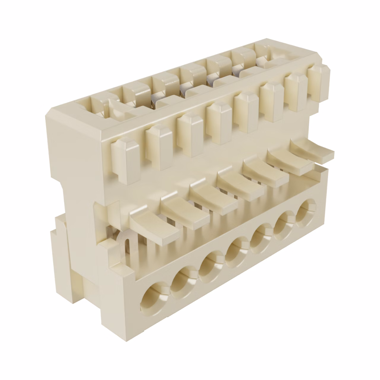 Appli-Mate RAST 2.5 Connector, 2.50mm Pitch, Female, 7 Circuits, Positions A and H Removed, Polarizing Rib Between 2/3, Locking Pips, Slotted Endwalls, Tin Plating