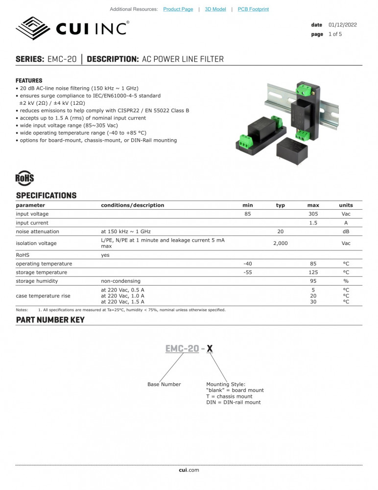 CUI EMC-20 datasheet page 1