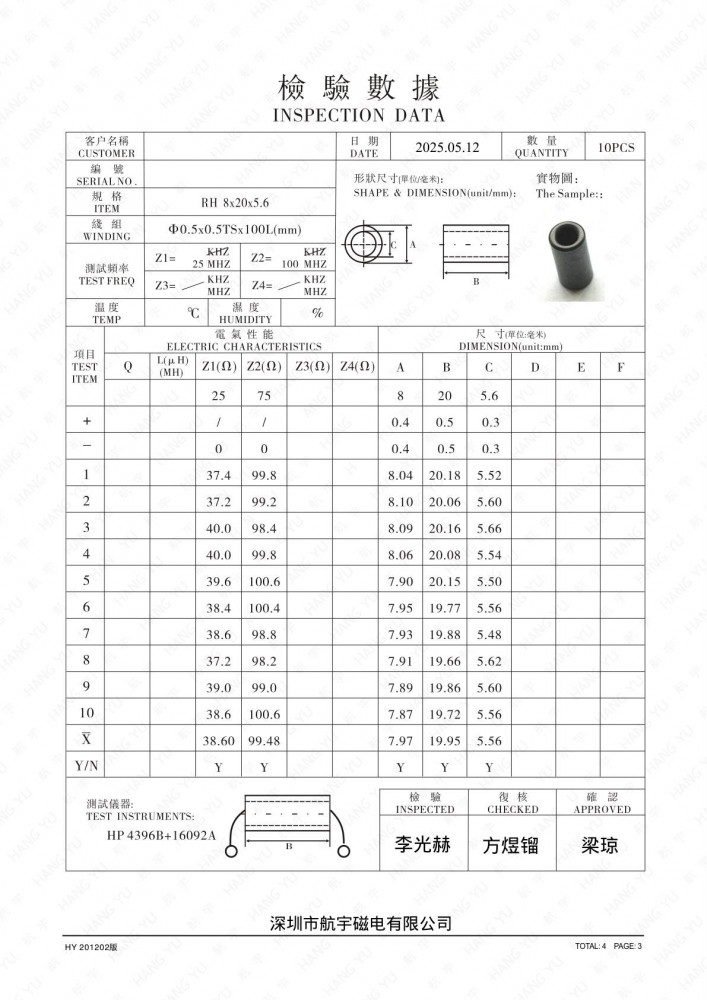 RH8×20×5.6 impedance-frequency document page