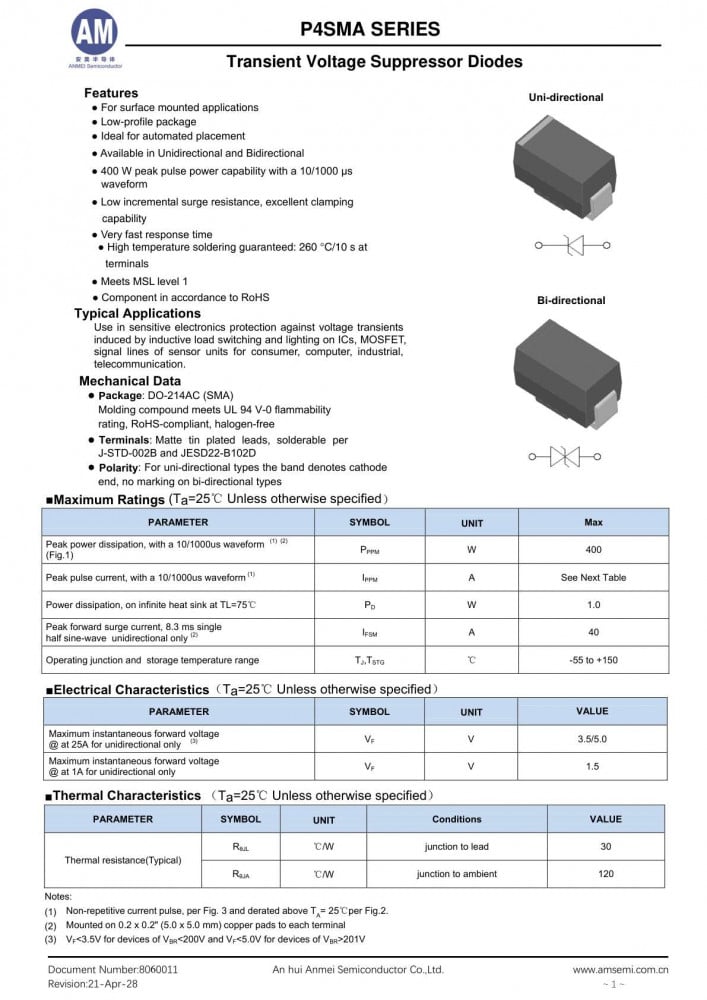 amsem P4SMA series datasheet page 1