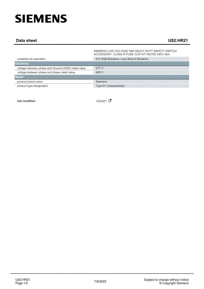 SIEMENS HR21 technical document page 1
