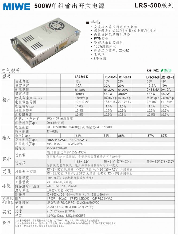 MIWE LRS-500-24 electrical specifications