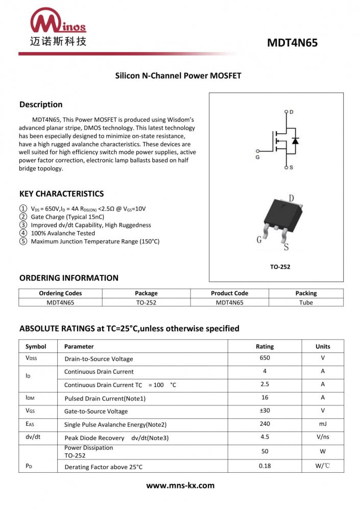 MDT4N65 datasheet page 1