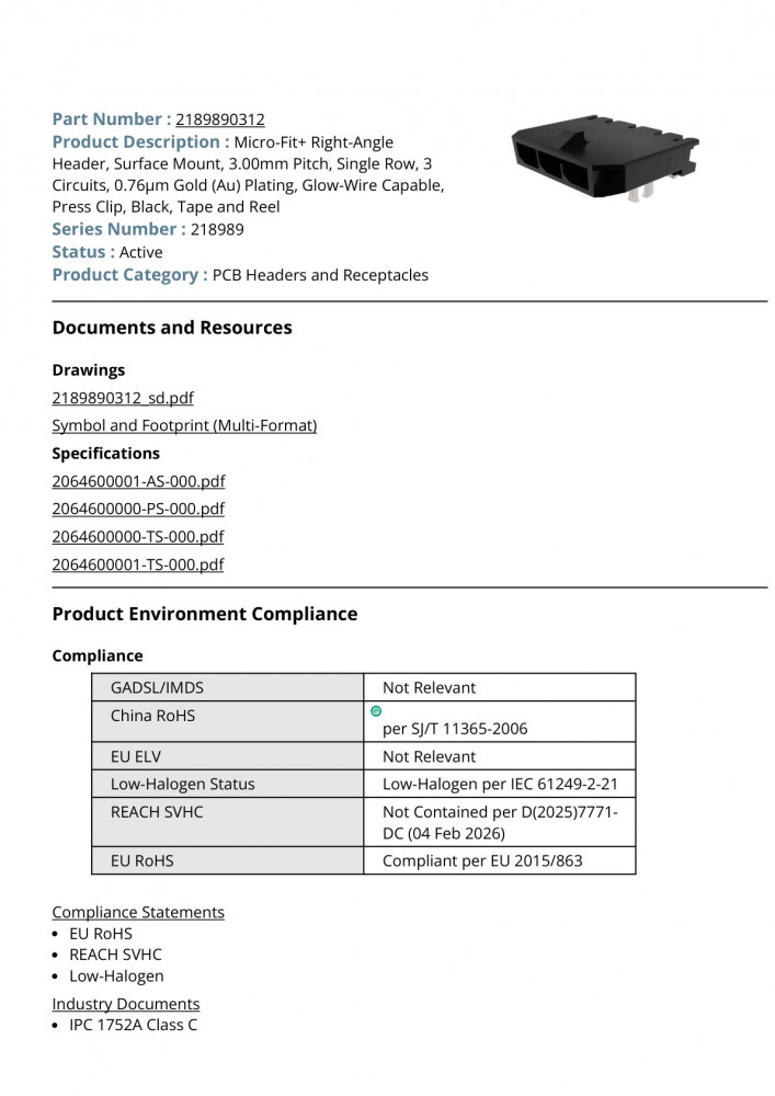 MOLEX 2189890312 technical document image, page 1