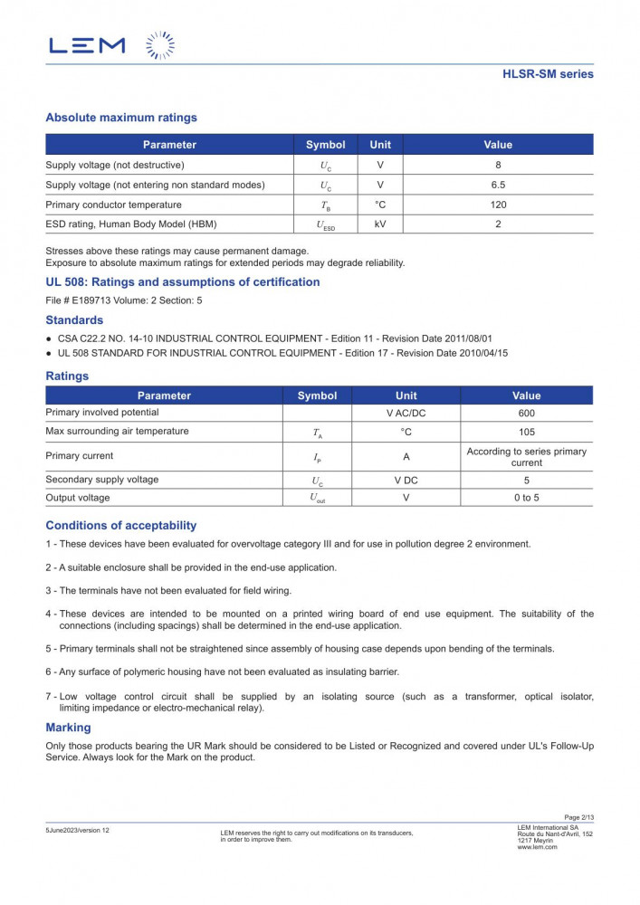 HLSR-SM datasheet page 2