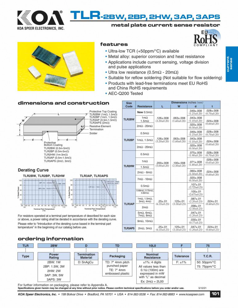 KOA TLR series datasheet page 1