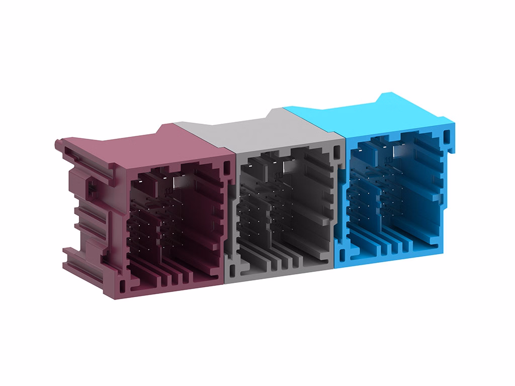 stAK50h 3 Bay Vertical Hybrid Header, 87 Circuits, Bay 1: 32 Circuits/Key 4/Purple; Bay 2: 28 Circuits/Key 1/Dark Gray; Bay 3: 27 Circuits/Key 1/Black; Tube