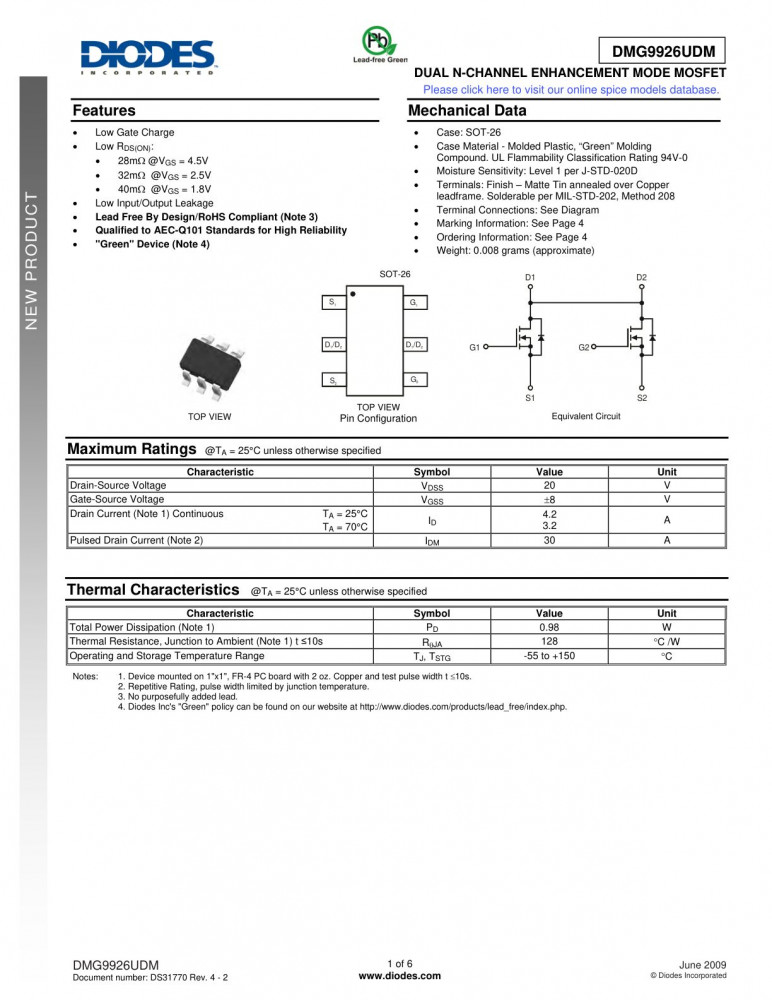 DMG9926UDM-7 datasheet page 1