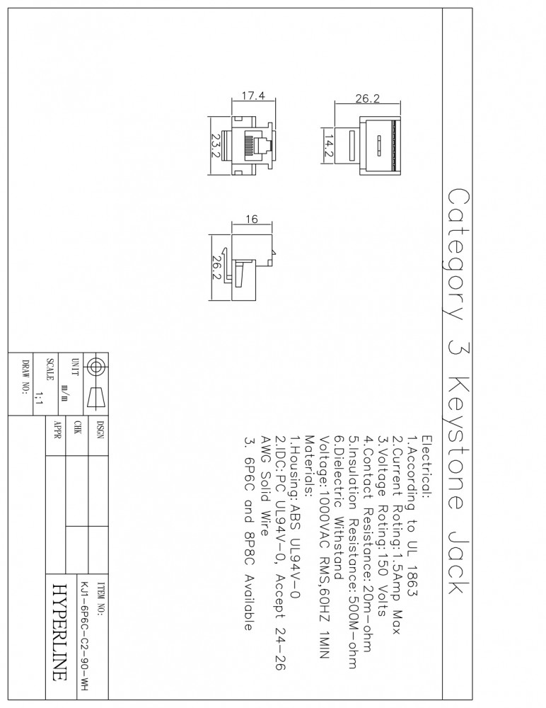 Hyperline KJ1-6P6C-C2-90-WH engineering drawing