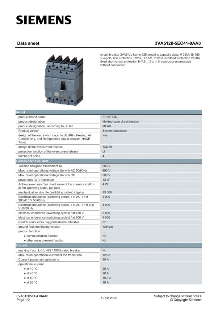 3VA5120-5EC41-0AA0 technical document page 1