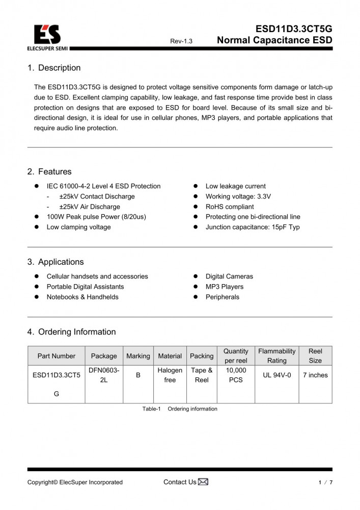 ESD11D3.3CT5G datasheet page 1