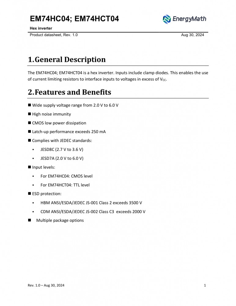 EM74HCT04D datasheet page 1