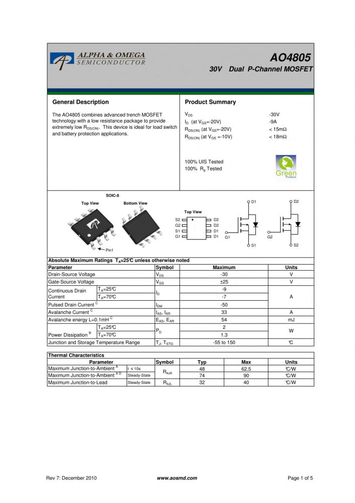 AO4805 datasheet page 1