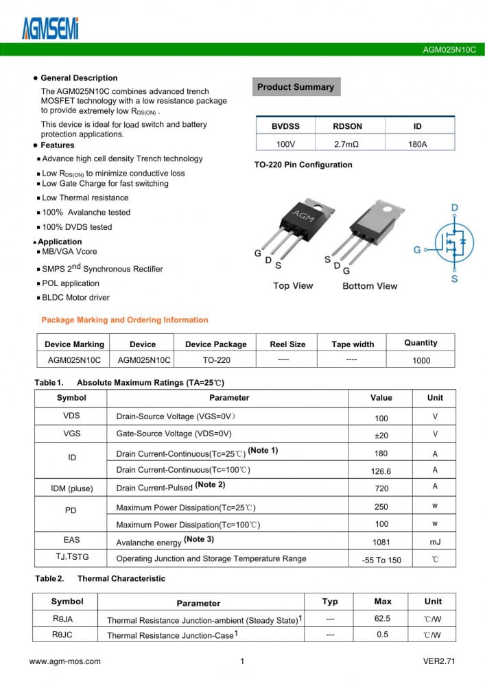 AGM025N10C datasheet page 1