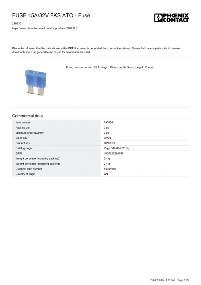 Phoenix Contact 2908361 technical document page 1