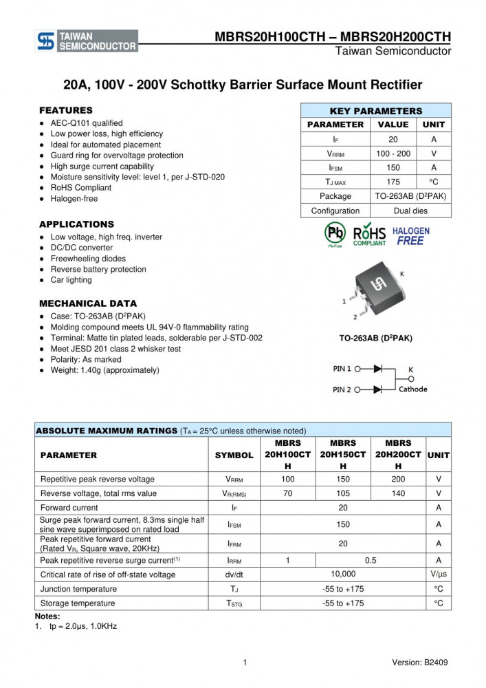 MBRS20H100CTH datasheet page 1