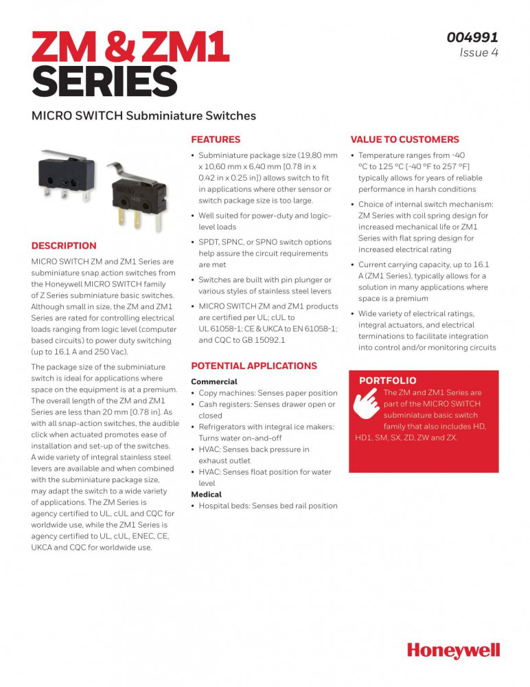 Honeywell ZM series datasheet page 1
