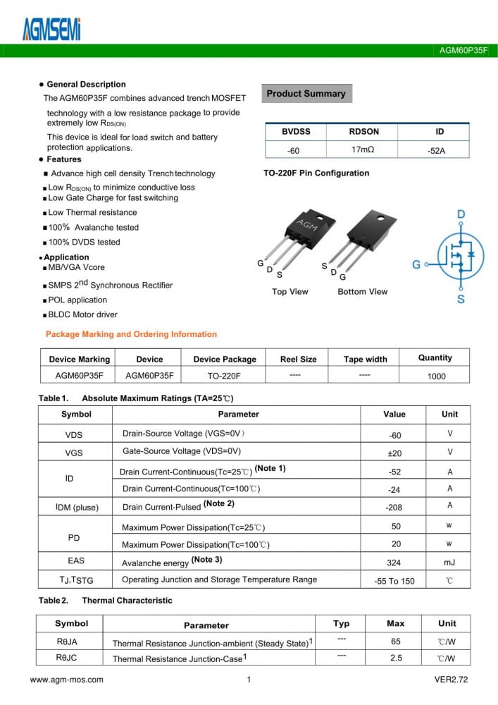 AGM60P35F datasheet page 1