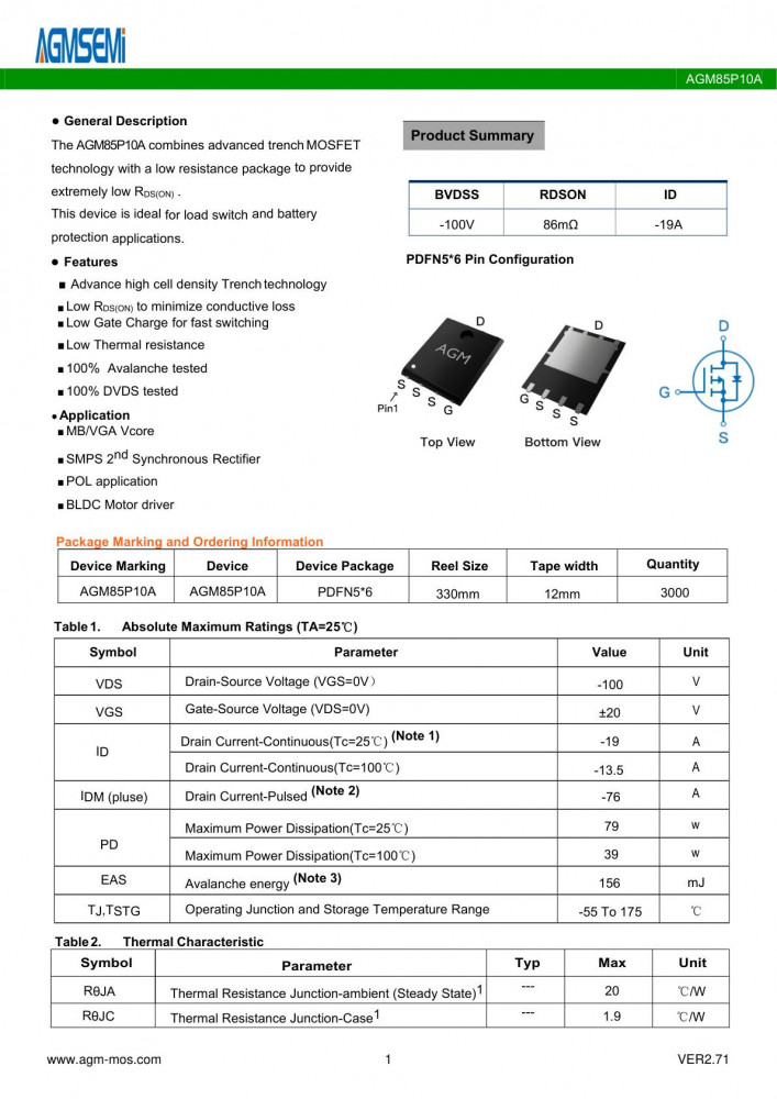 AGM85P10A datasheet page 1