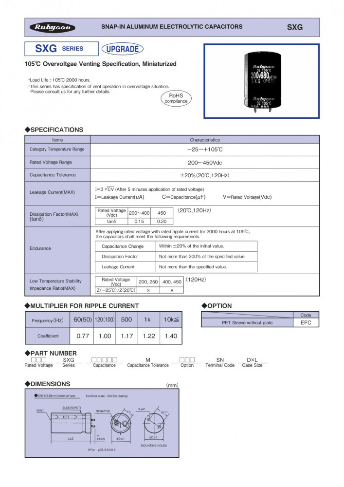 Rubycon SXG series technical document page 1