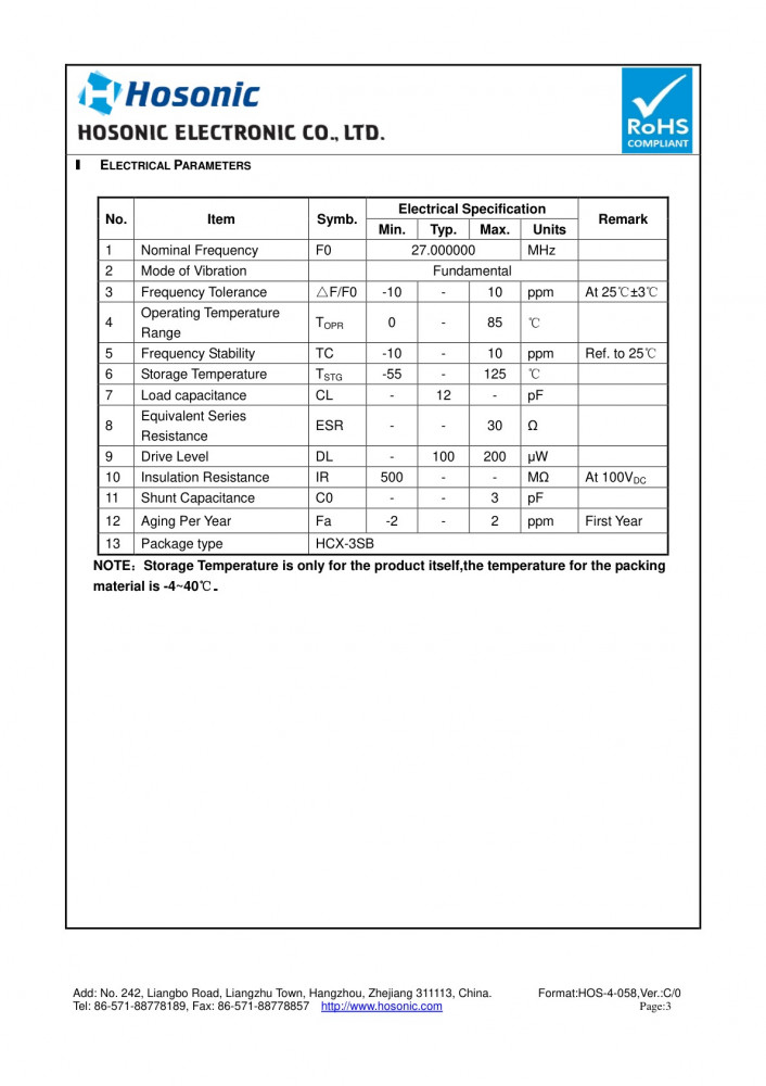 HOSONIC E3SB27E000800E datasheet page 3