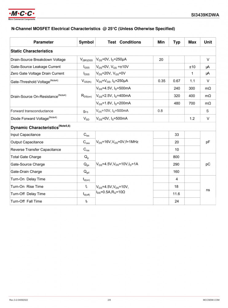 SI3439KDWA-TP datasheet page 2