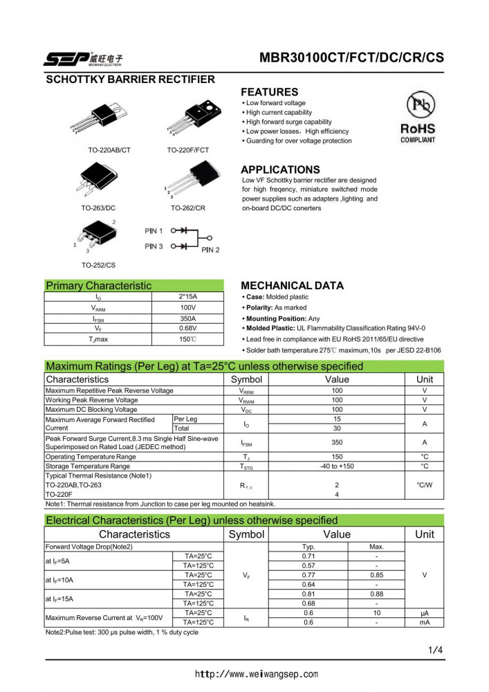 MBR30100CT datasheet page 1