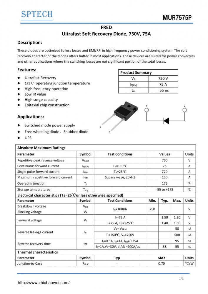 MUR7575P technical datasheet page 1