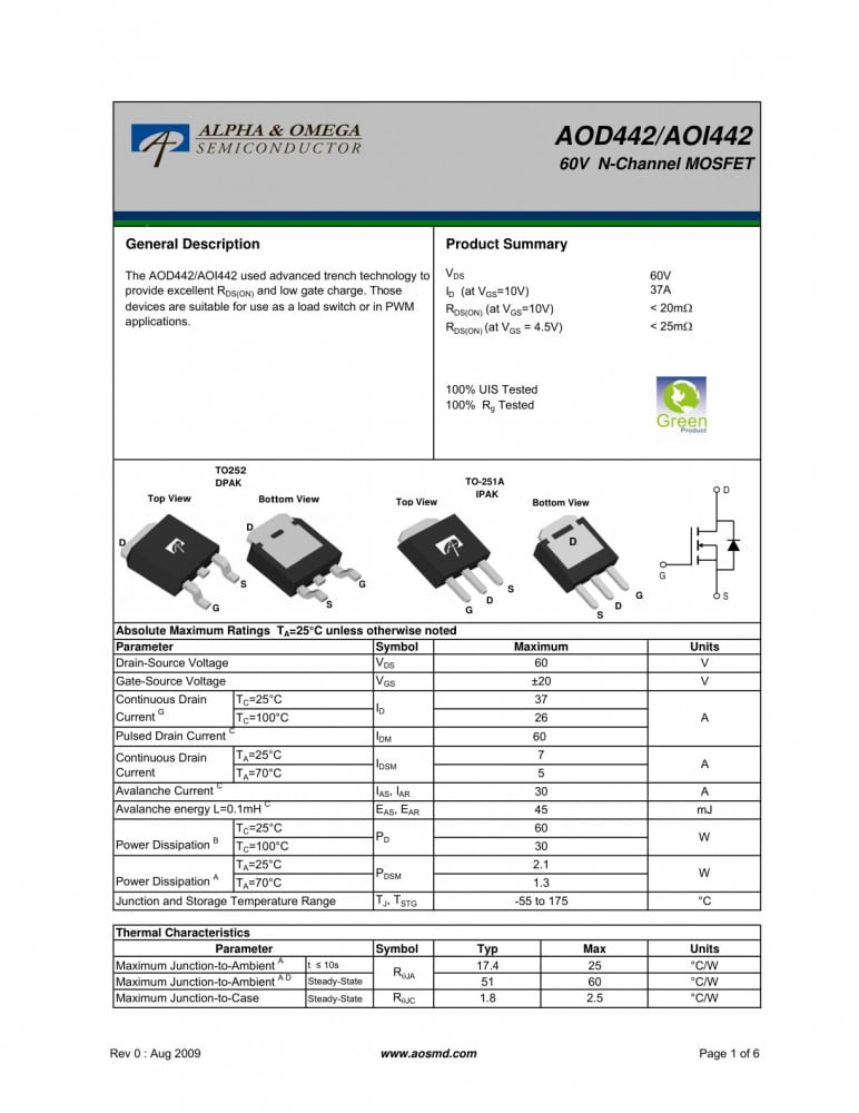 AOD442 datasheet page 1