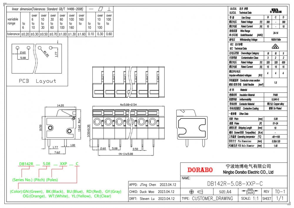DORABO DB142R-5.08-5P-GN technical drawing page