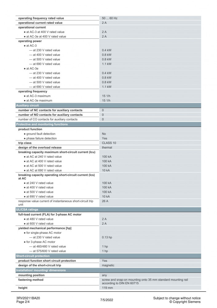 3RV20211BA20 datasheet page 2