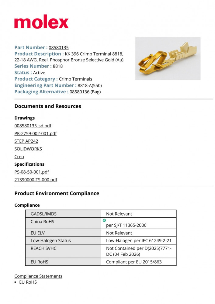 MOLEX KK 396 connector specification, document page image 1